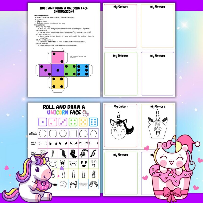Printable Unicorn Roll & Draw Dice Game Fun Art Activity for Kids ...