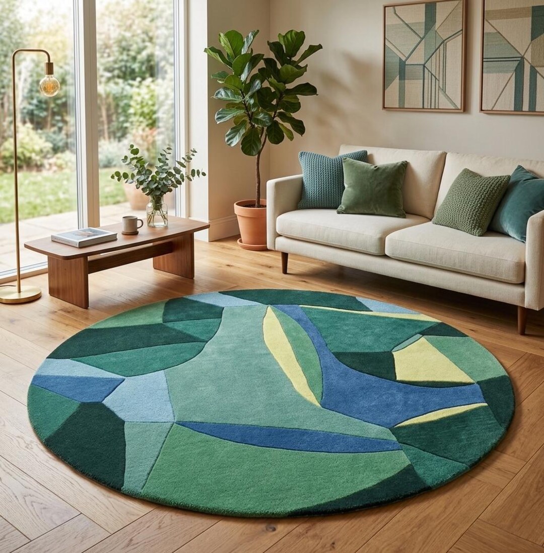 Modern Abstract Round Rug – Hand-tufted Wool Carpet in Blue & Green ...