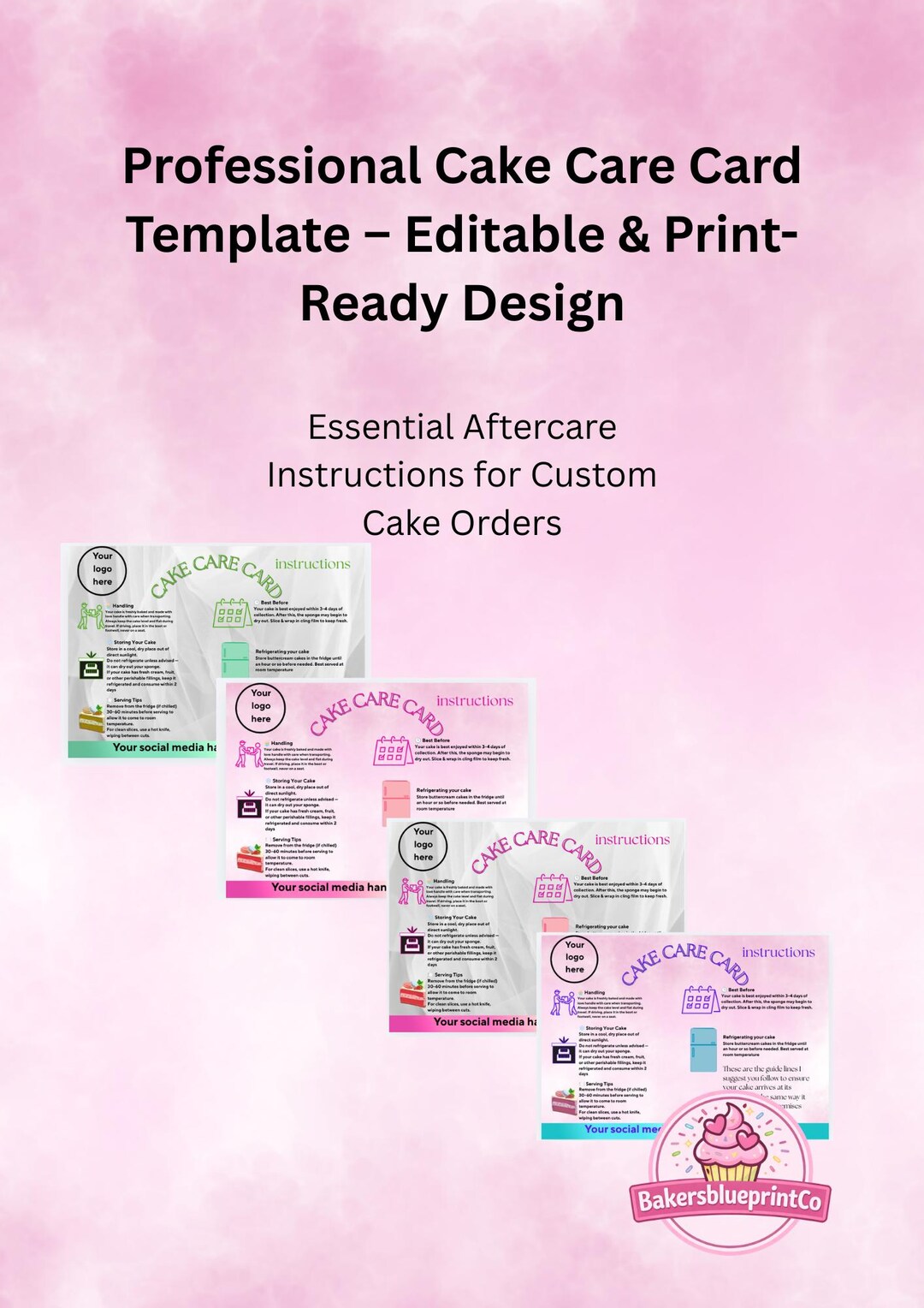 Editable Cake Care Card Template: Canva Baking Business Insert (A5 ...