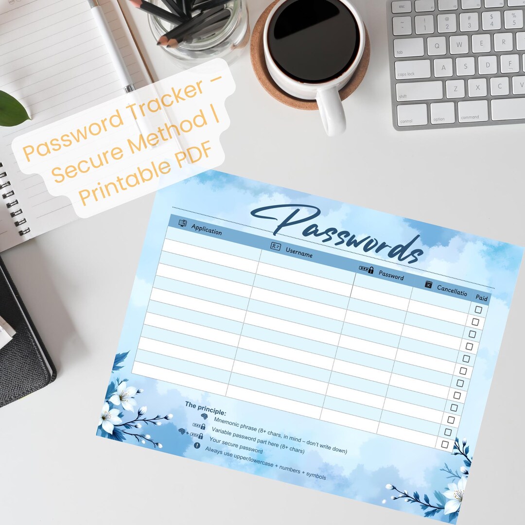 Secure Method Password Tracker Printable Blue Floral Logbook Organizer ...