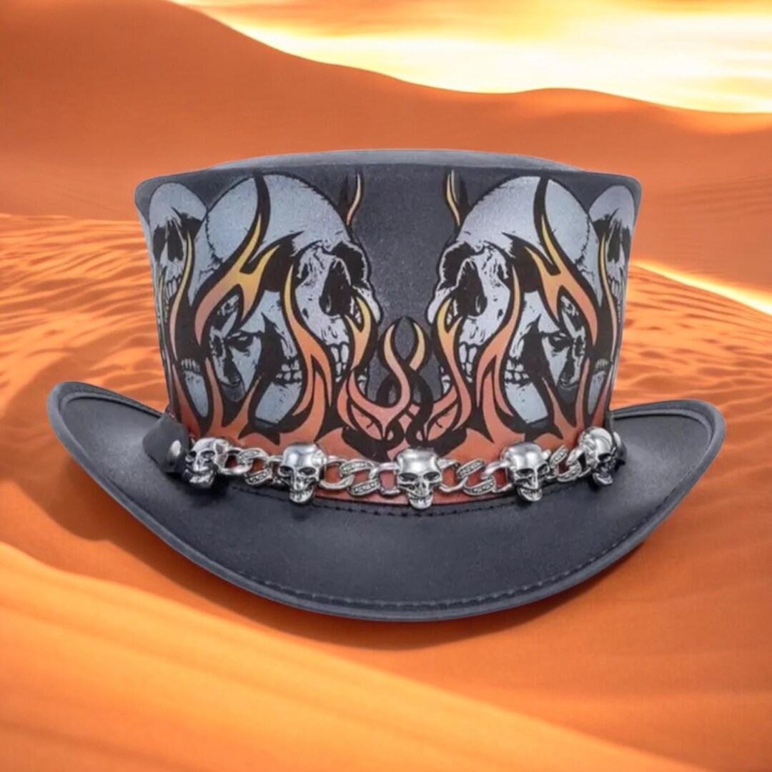 Black Leather Gothic Top Hat With Skull Flames Design Steampunk ...