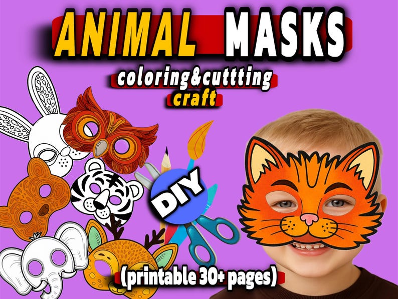 Printable Animal Masks, DIY Coloring Craft Kit (digital Download) - Etsy
