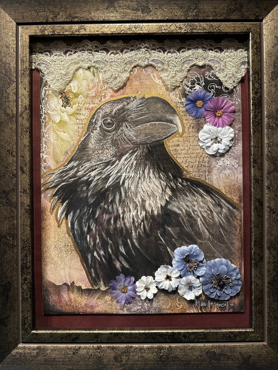 Original Art: Raven Drawing With Lace and Flowers, Framed With Glass - Etsy