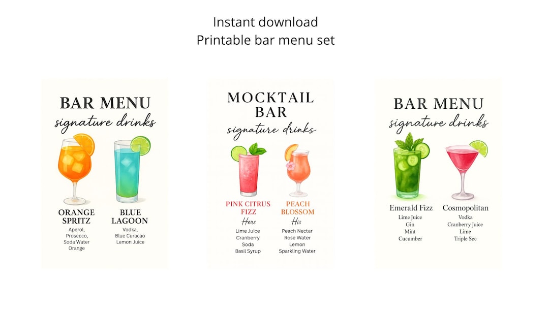 Watercolor Bar Menu Bundle | Cocktail & Mocktail Signs (digital ...