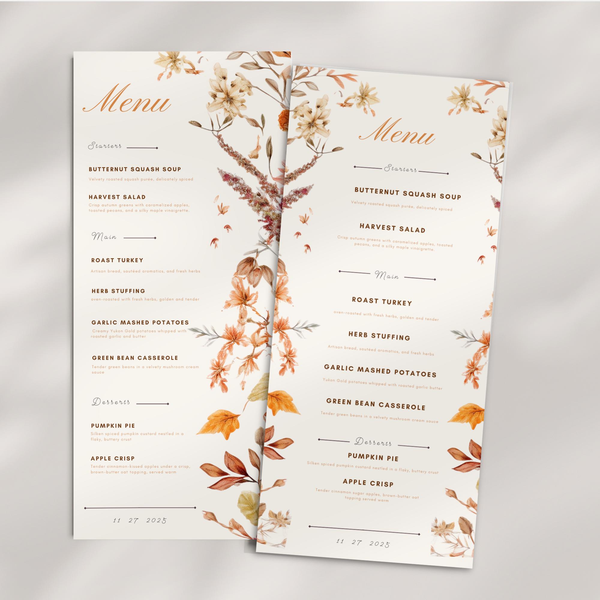 Editable Fall Menu Template: Thanksgiving Dinner, Autumn Wedding (canva ...