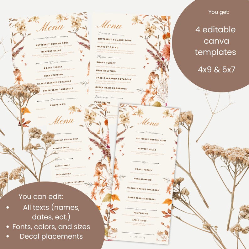 Editable Fall Menu Template: Thanksgiving Dinner, Autumn Wedding (canva ...