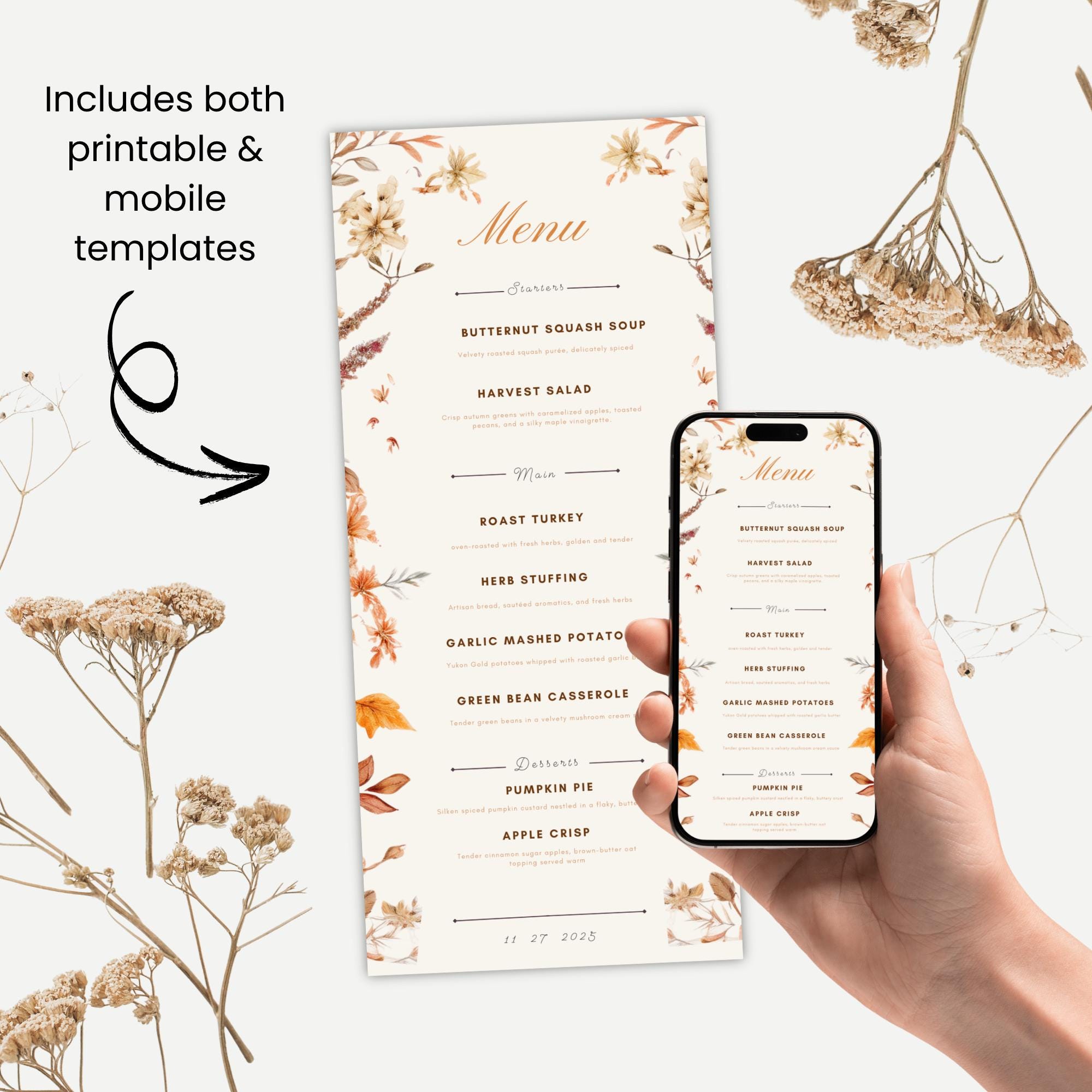 Editable Fall Menu Template: Thanksgiving Dinner, Autumn Wedding (canva ...
