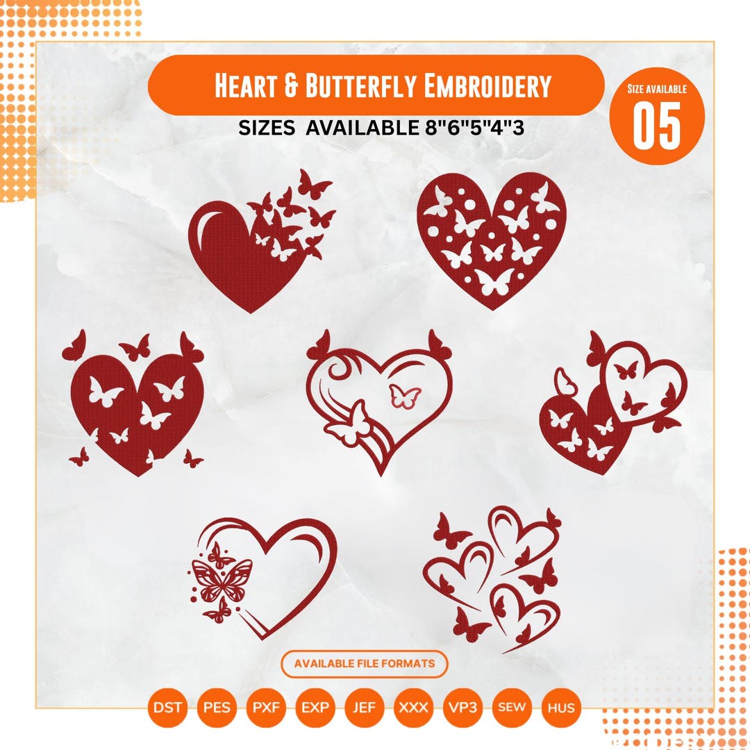 Heart & Butterfly Embroidery Design: Romantic Valentine's Gift (instant ...
