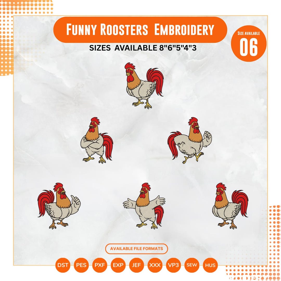 Funny Roosters Embroidery Design: Whimsical Machine Pattern (digital ...