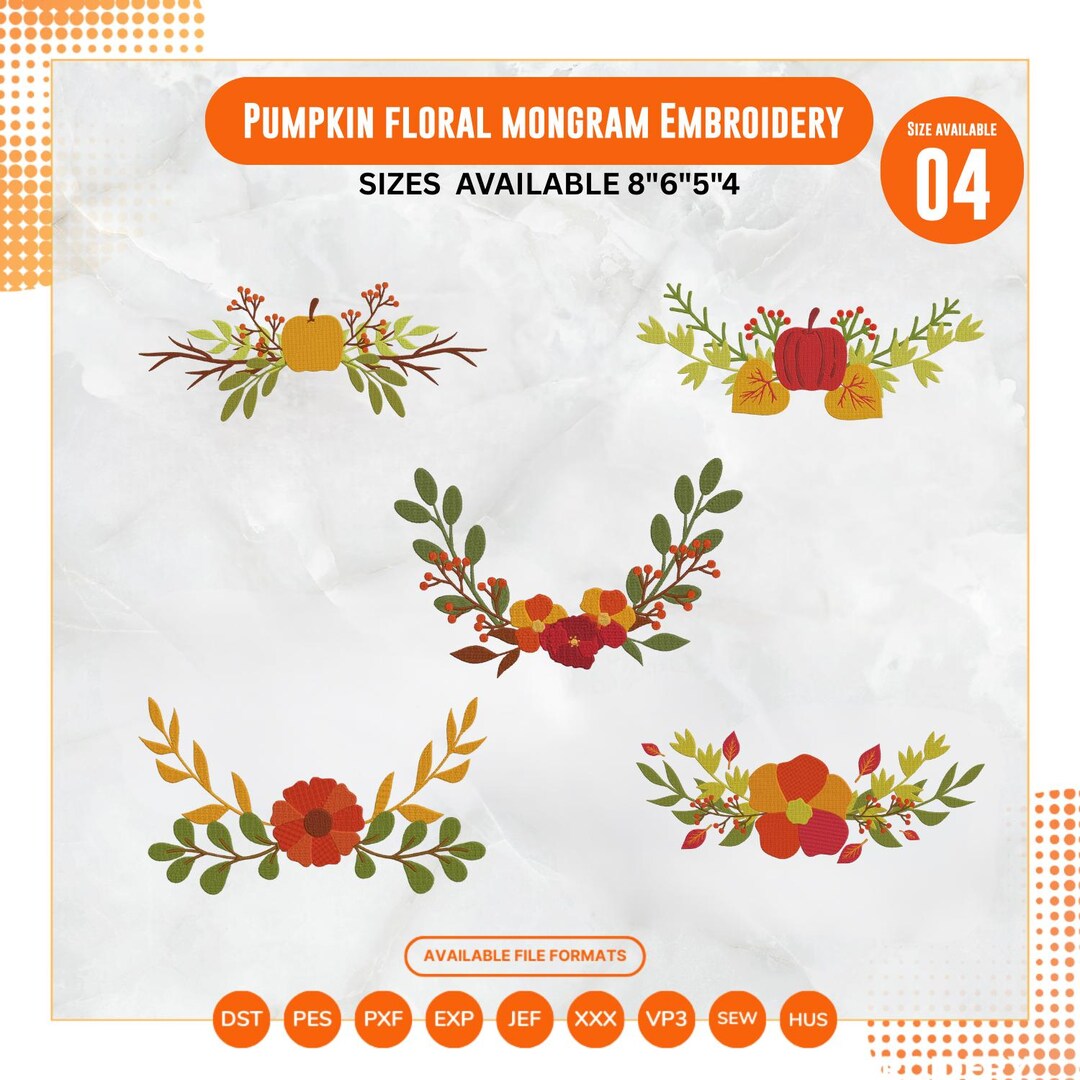 Pumpkin Floral Mongram Embroidery Design, Fall Halloween Decor, 4 Sizes ...