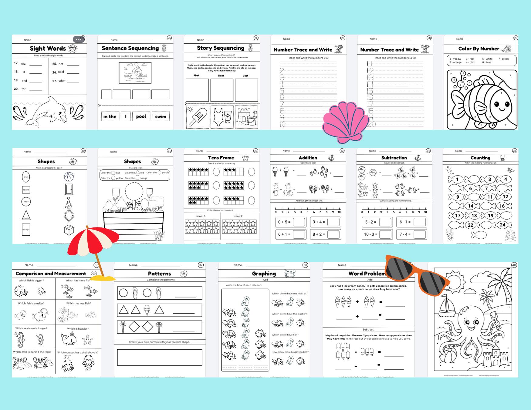 Kindergarten Summer Review Packet | Math ELA Printable Worksheets (40 ...