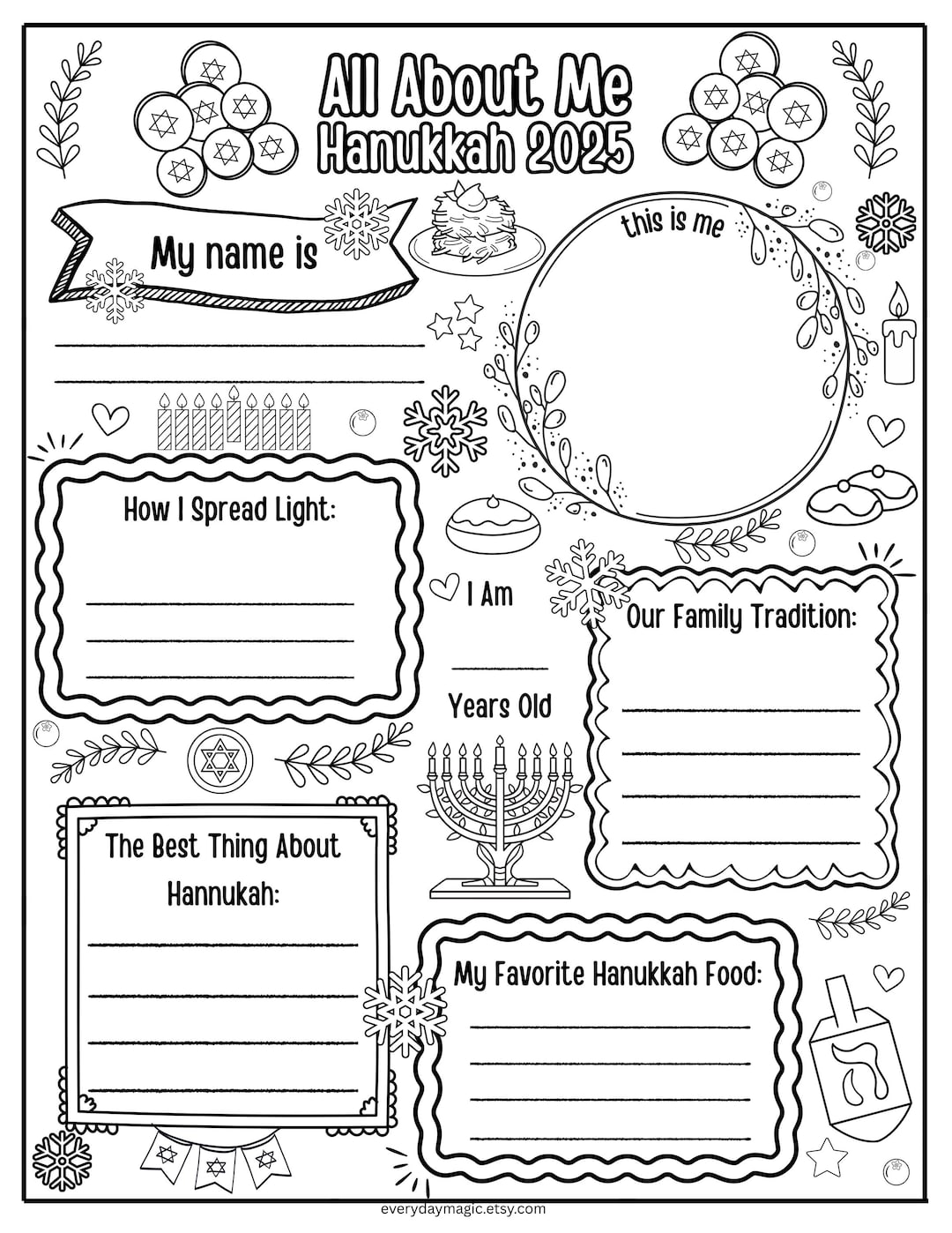 Hanukkah All About Me Holiday Printable Activity and Coloring Page ...