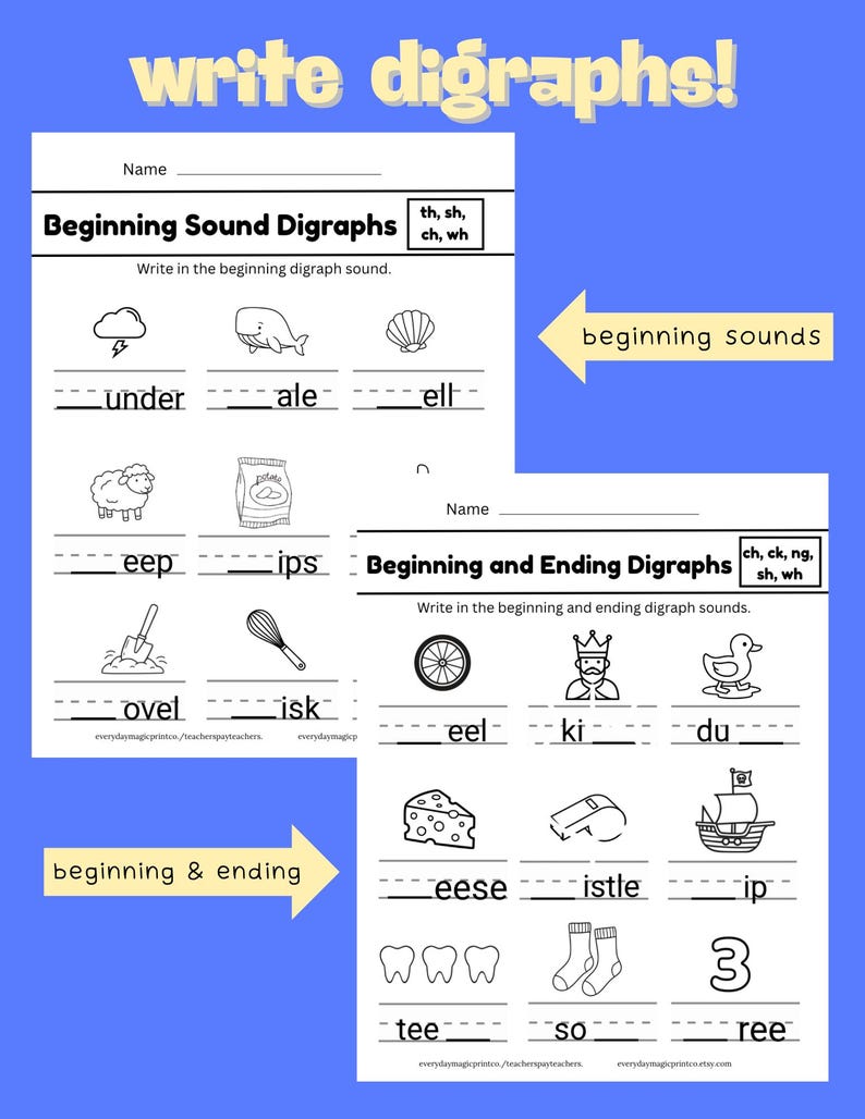 Kindergarten Digraph Worksheets | Beginning & Ending Digraphs | Digraph ...