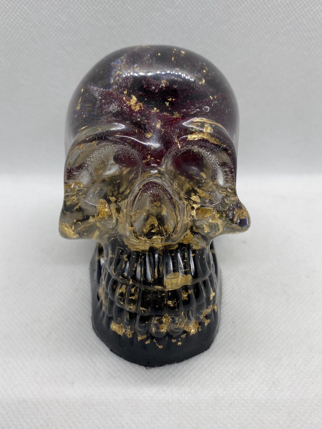 Lighted Resin Skull With Real Red Rose – Gothic Decor, Gold Flake Skull ...
