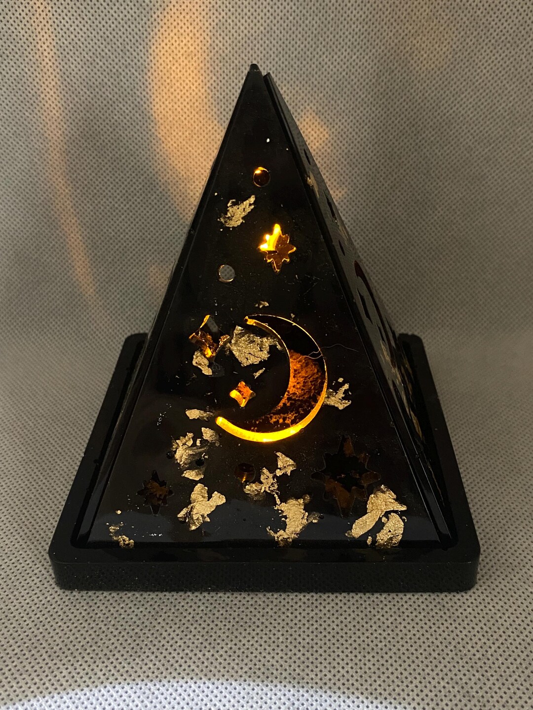 Collapsible Celestial Pyramid Candle Holder – Black Resin Moon & Stars ...
