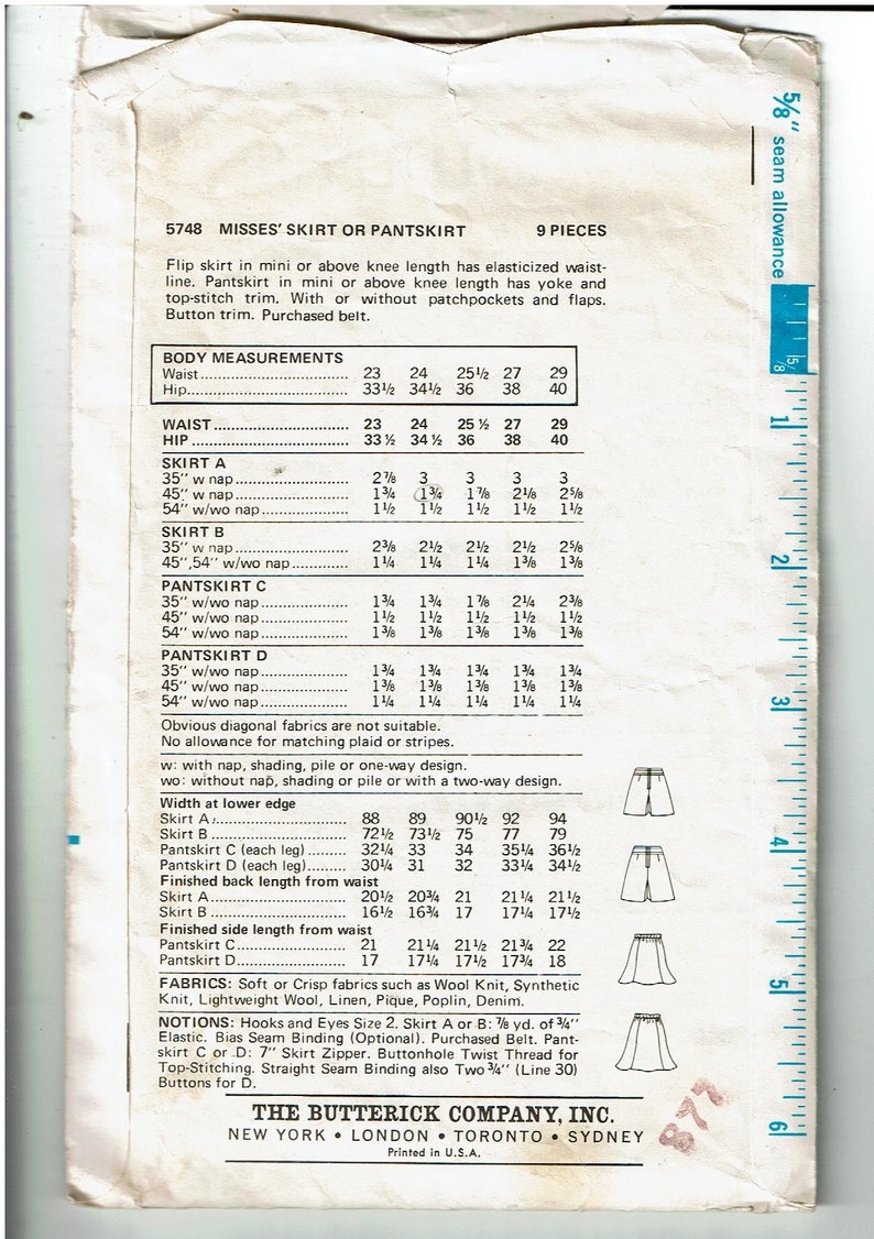 Pantskirt Skirt 1970s Sewing Pattern Butterick 5748 Waist 24 - Etsy
