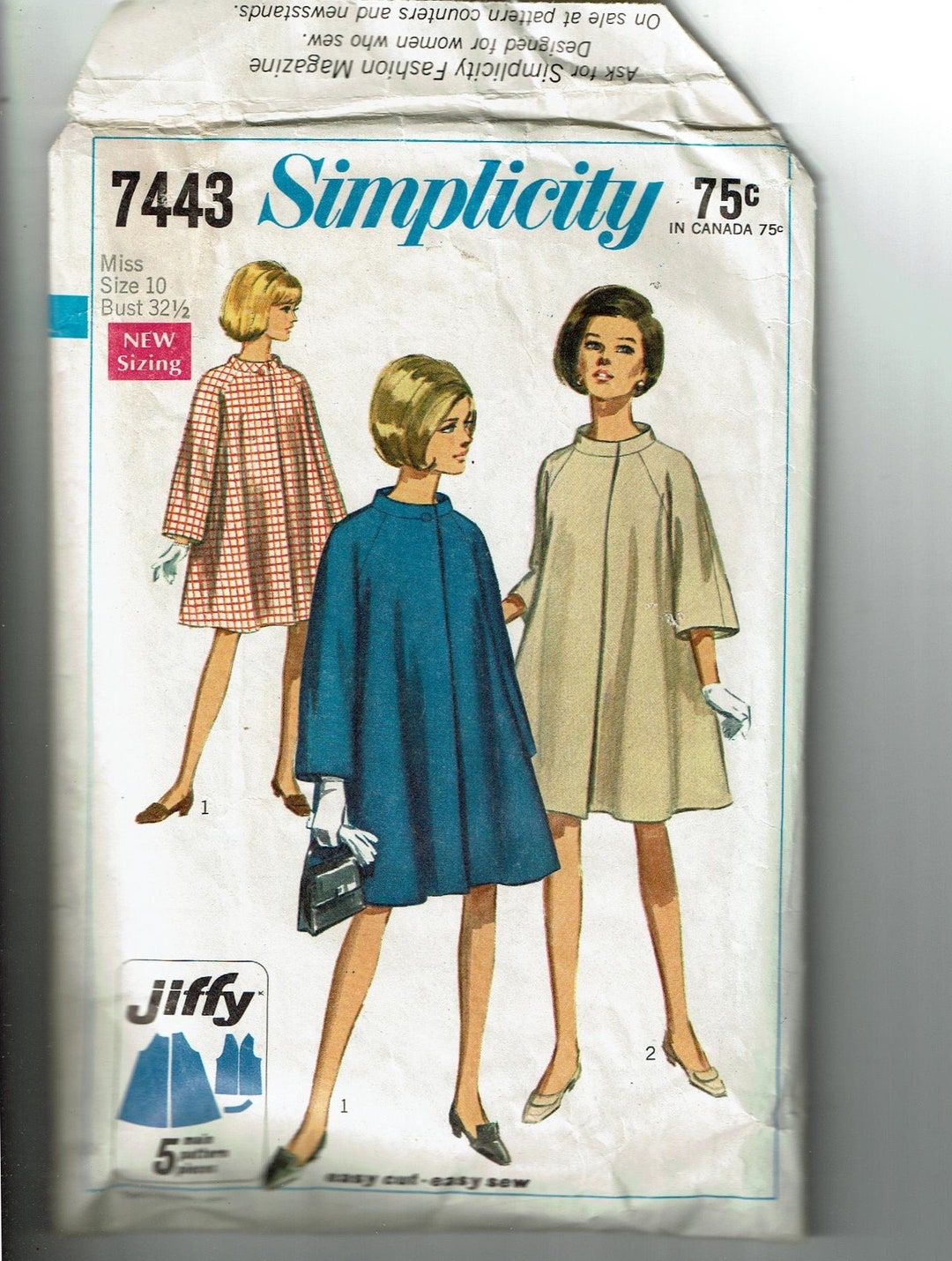 Simplicity 7443 Jiffy Coat 1960s Vintage Sewing Pattern Size 10 Bust 32 ...