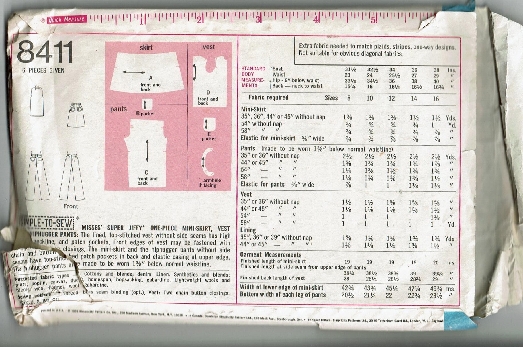70s Super Jiffy Sewing Pattern Simplicity 8411 Mini Skirt, Vest and ...