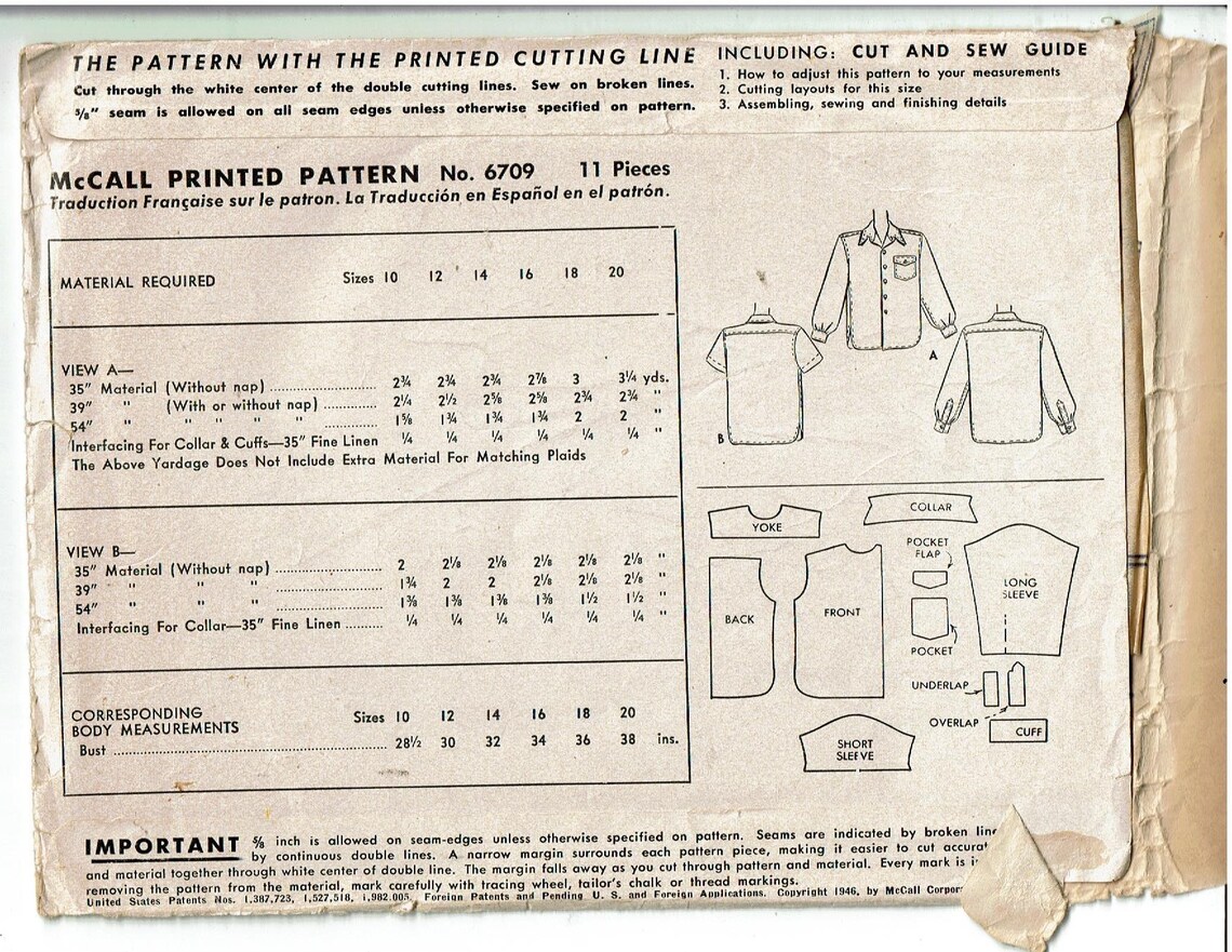1940 Mccall 6709 Shirt Vintage Sewing Pattern Size 12 Bust 30 - Etsy