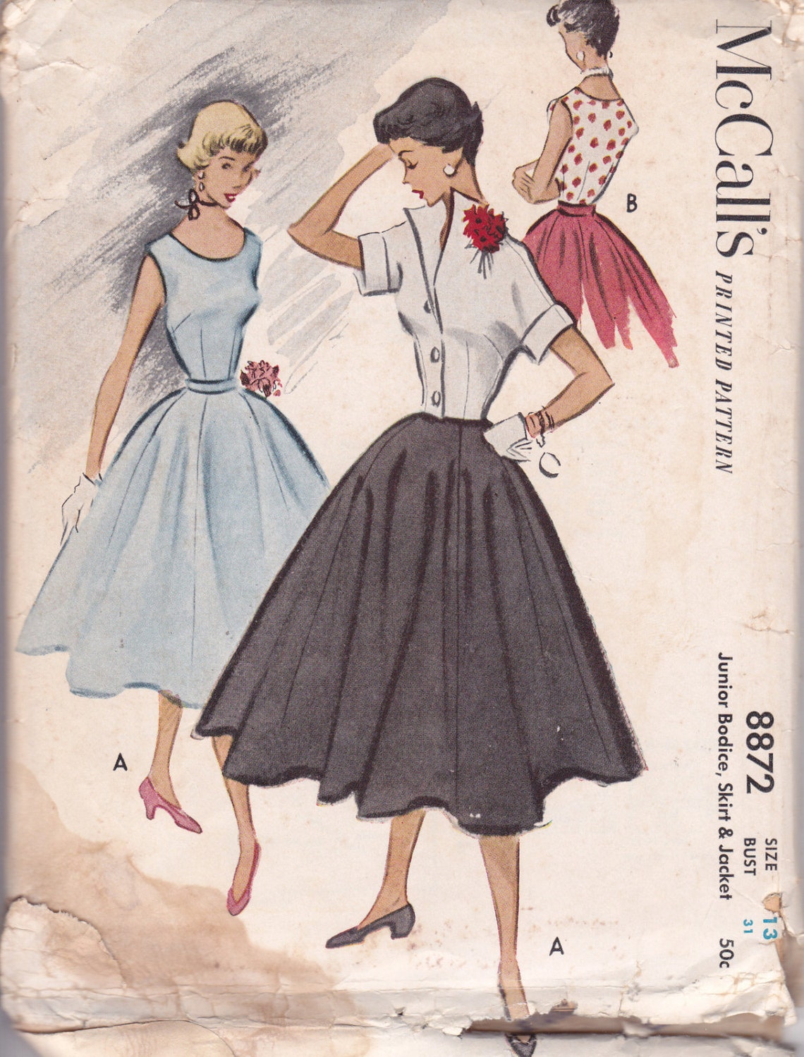 50s Vintage Sewing Pattern Skirt Bodice & Jacket Junior Size 13 Bust 31 ...