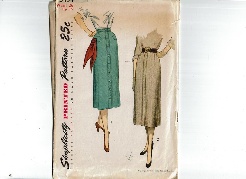 1950s Skirt Vintage Sewing Pattern Waist 26 Hip 35 Simplicity 3494 Straight Slim Skirt - Etsy