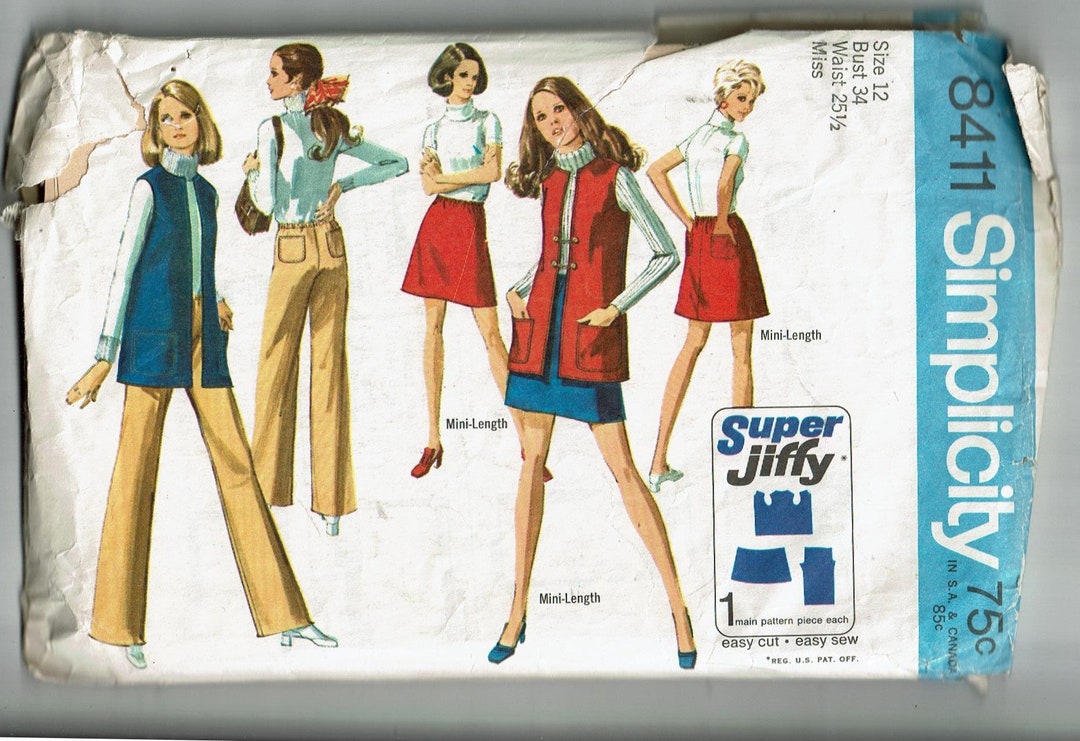 70s Super Jiffy Sewing Pattern Simplicity 8411 Mini Skirt, Vest and ...