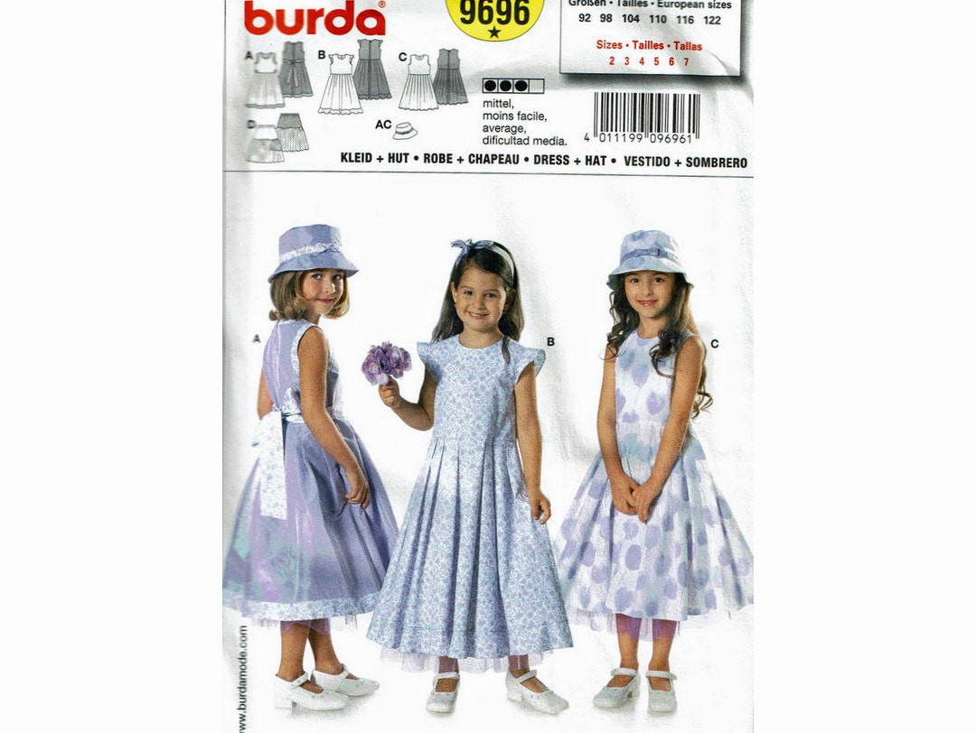 Little Girls Dress & Hat Pattern Sizes 2 3 4 5 6 7 Burda 9696 UNCUT ...