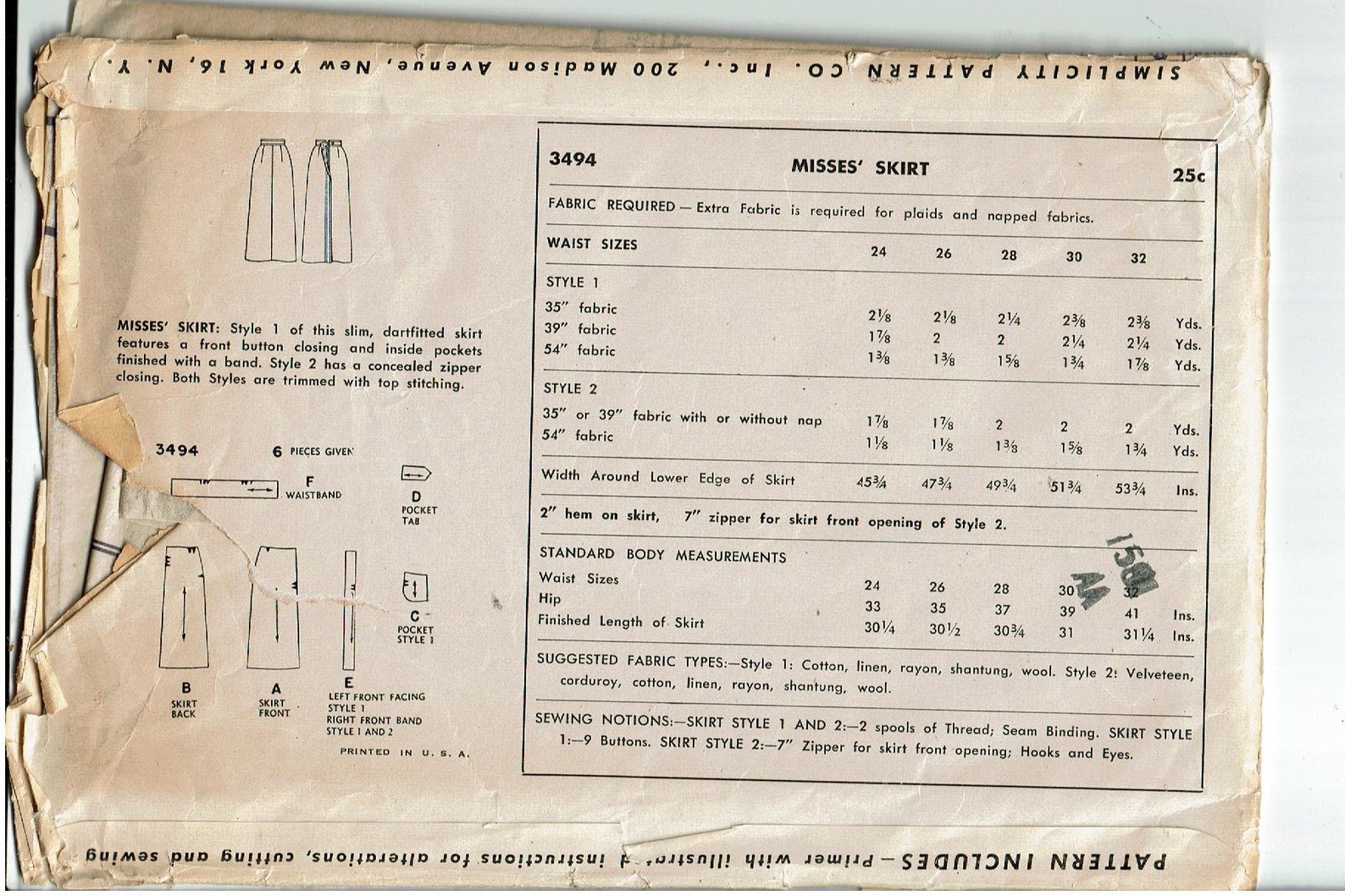1950s Skirt Vintage Sewing Pattern Waist 26 Hip 35 Simplicity 3494 Straight Slim Skirt - Etsy