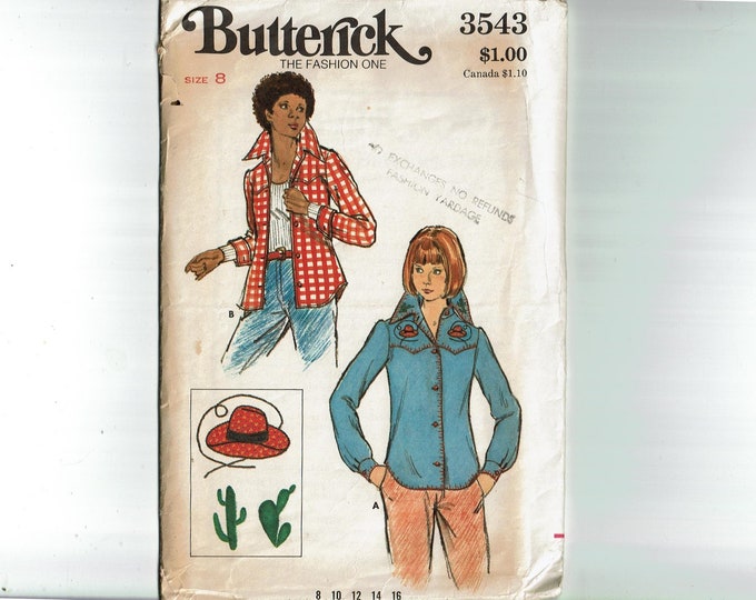 Womens Western Shirt Vintage Sewing Pattern Size 8 Butterick 3543 - Etsy