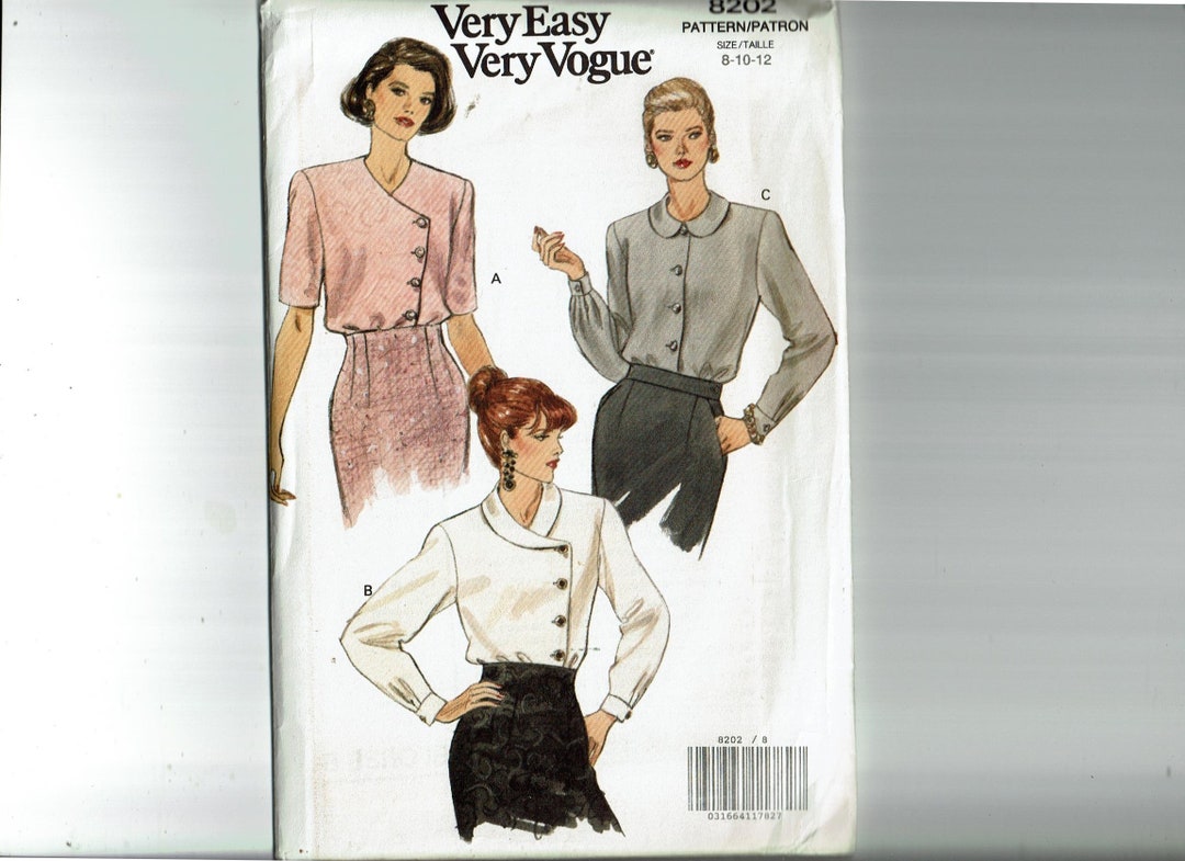 Vogue Blouse UNCUT Sewing Pattern Sizes 8 10 12 Very Easy Very Vogue 8202 Asymmetrical or Front ...