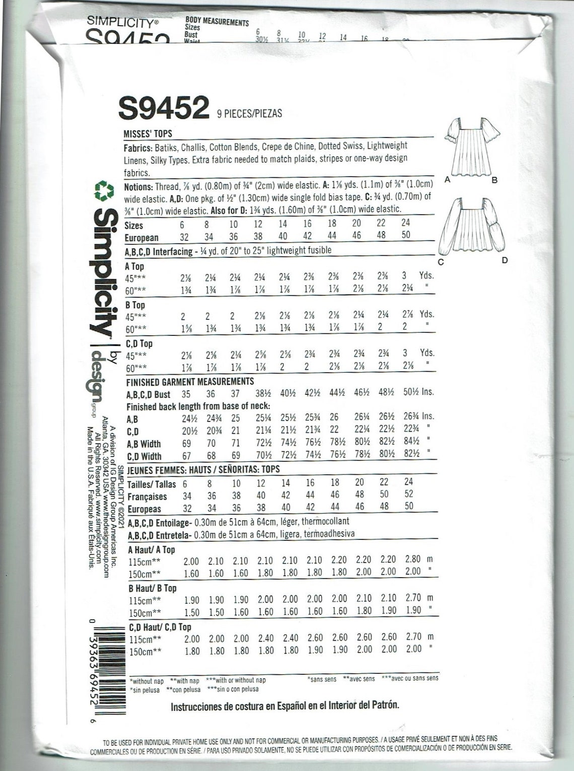 Simplicity Blouse Sewing Pattern UNCUT Simplicity 9452 Sizes - Etsy