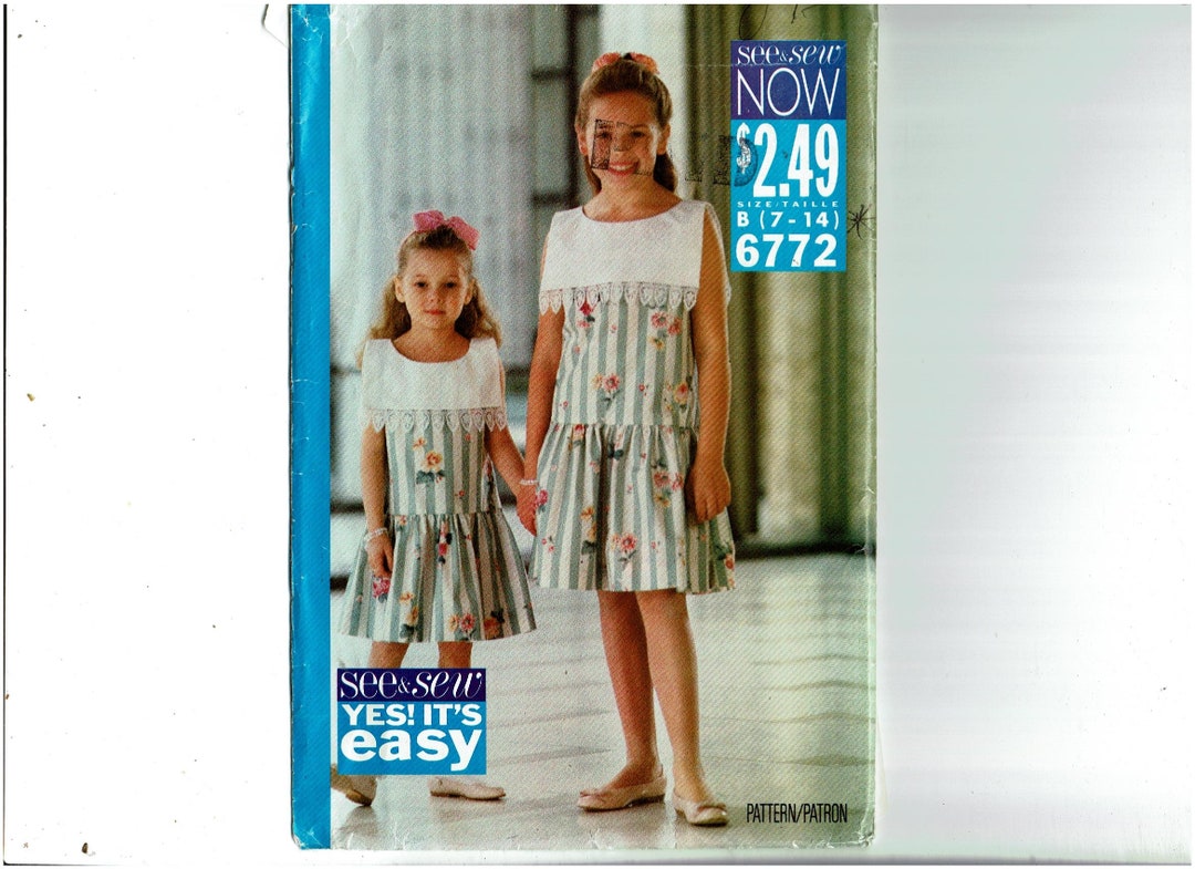 Girls Dress Uncut Sewing Pattern Sizes 7 8 10 12 14 Easy Dropped Waist ...