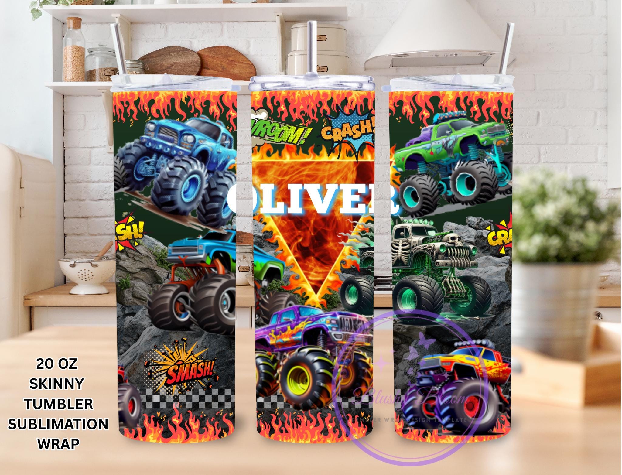 Monster Truck Skinny Tumbler Wrap PNG, 20oz Tumbler Wraps, Boys Tumbler ...