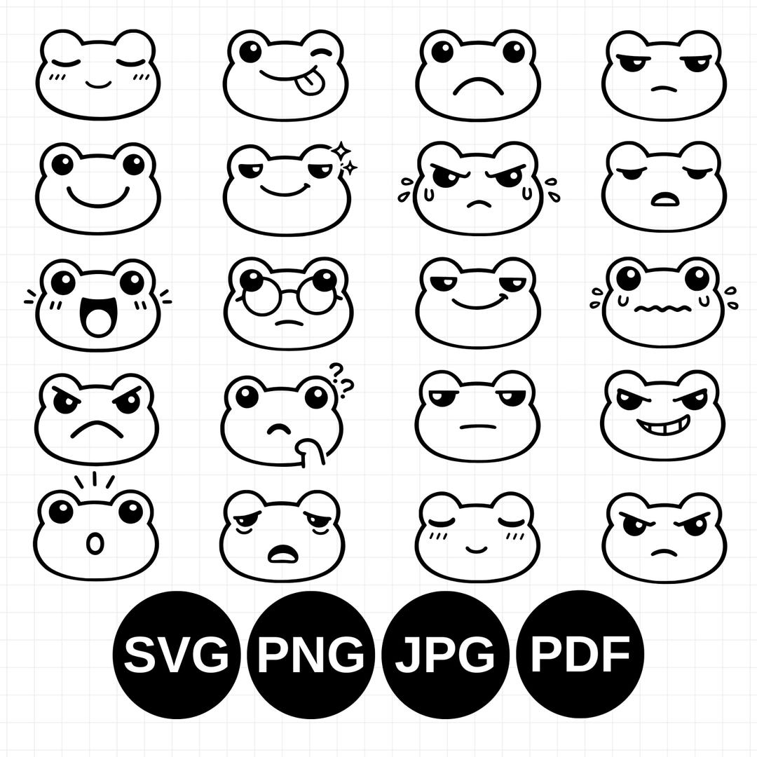 Minimalist Cute Frog Emotion SVG Bundle, 20 Frog Faces Line Art for ...
