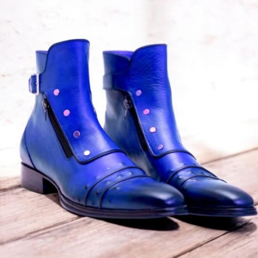 Handmade Blue Leather Chelsea Boots: Men's Bespoke Side Buttons Slip on ...