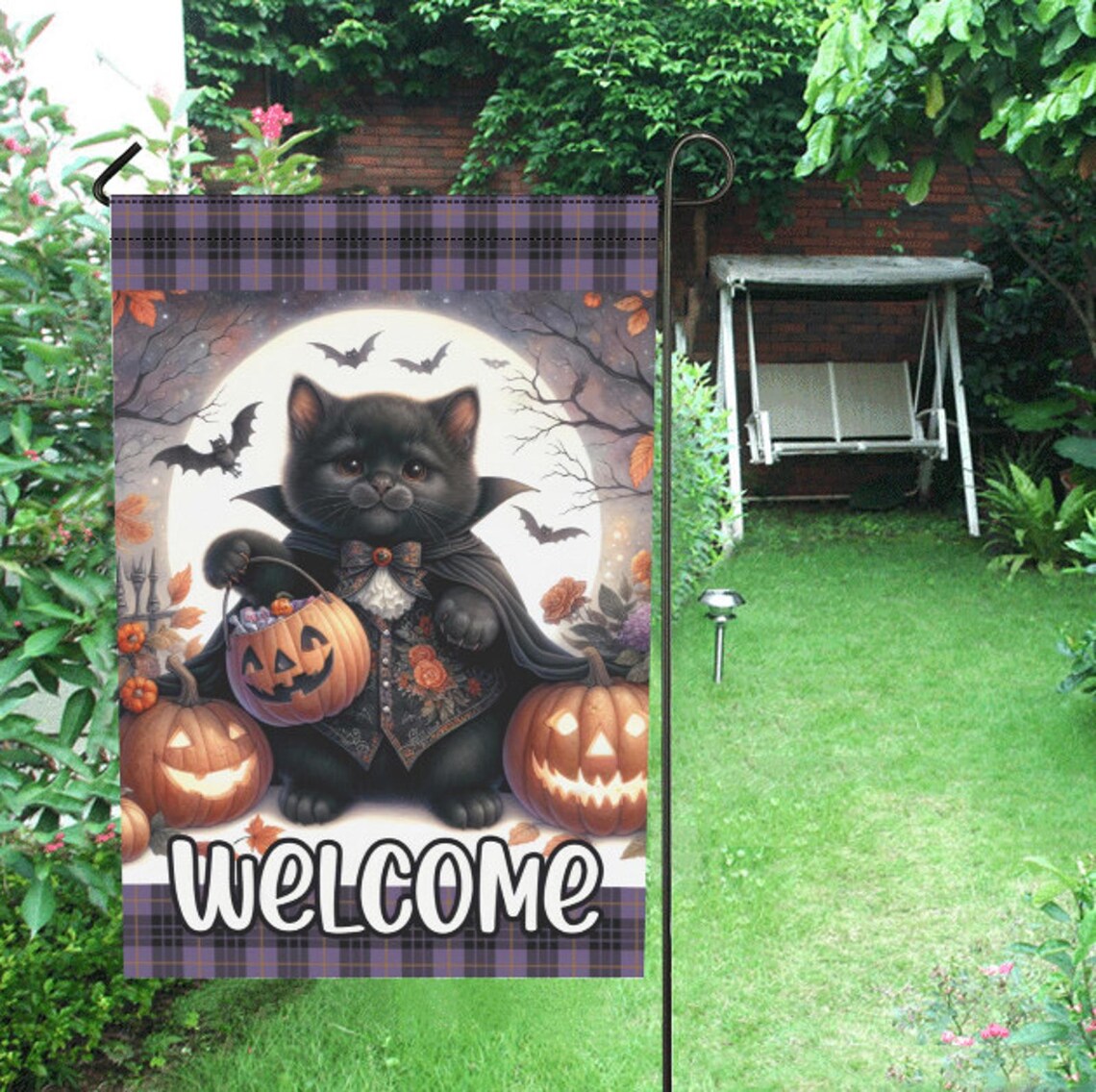 Welcome Black Kitty Cat Dracula Welcome Garden Flag Decor Halloween ...