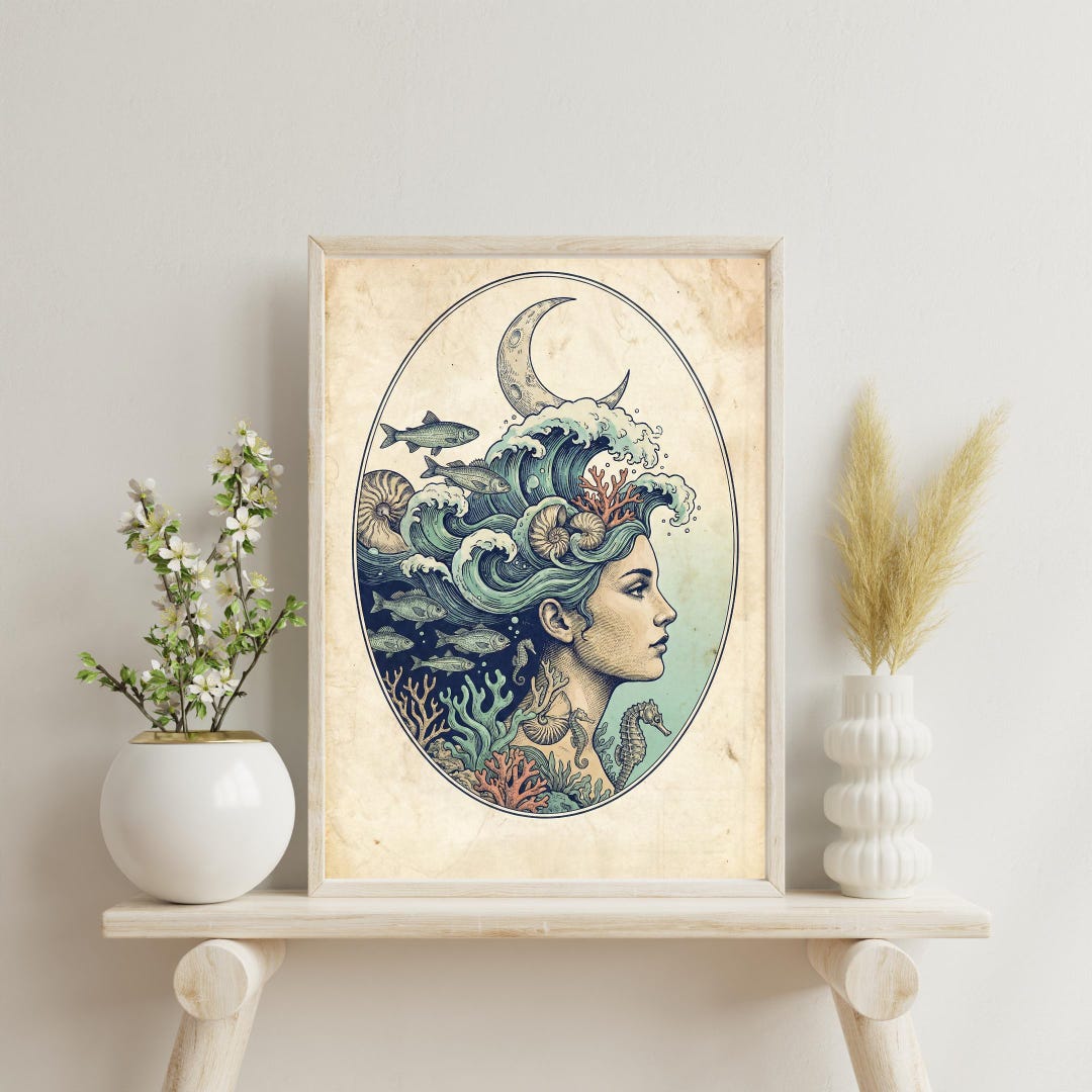 Sea Goddess Wall Art, Surreal Ocean Woman Print, Vintage Nautical Decor ...