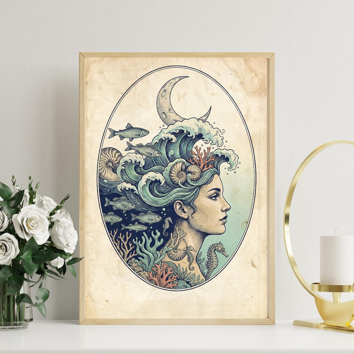 Sea Goddess Wall Art, Surreal Ocean Woman Print, Vintage Nautical Decor ...