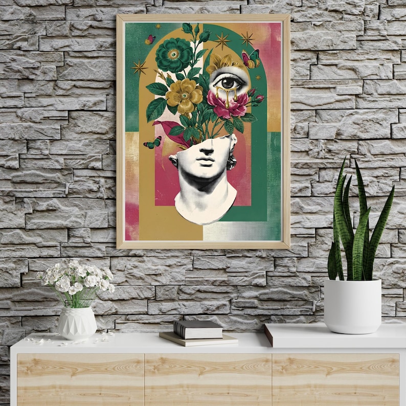 Surreal Greek Bust Floral Art Print, Eclectic Wall Decor (digital ...