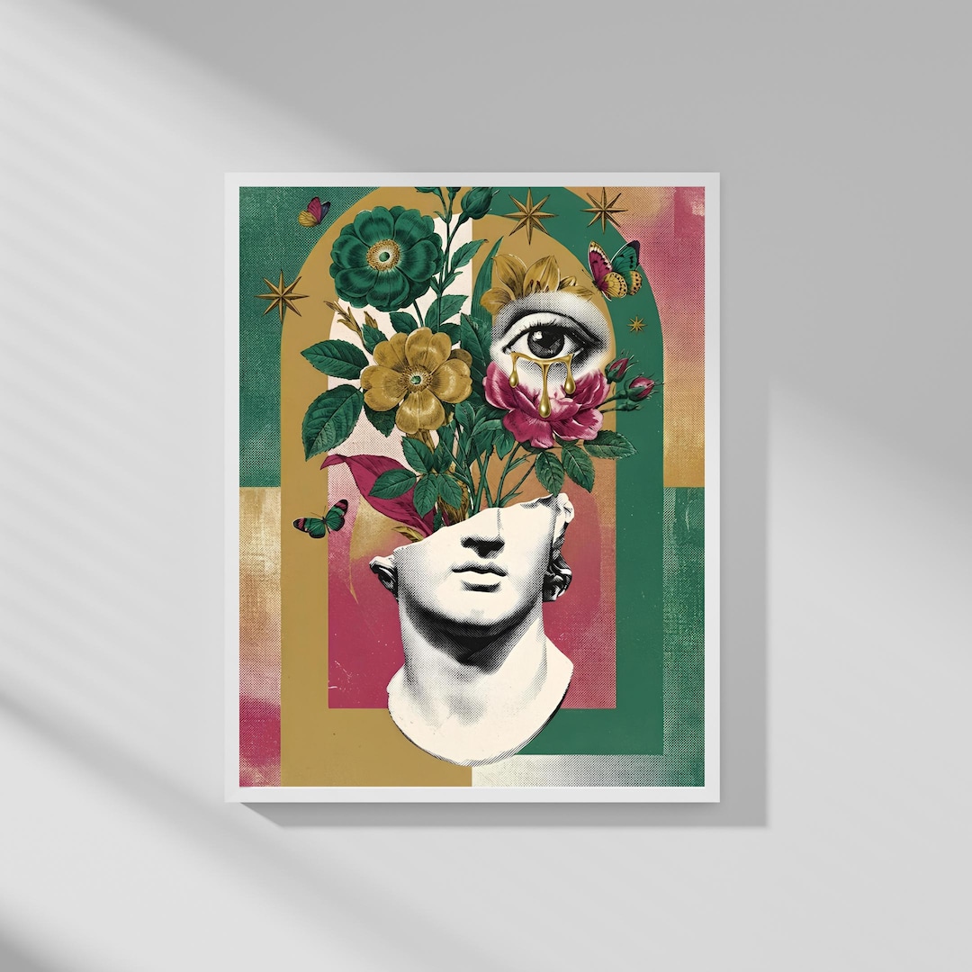 Surreal Greek Bust Floral Art Print, Eclectic Wall Decor (digital ...