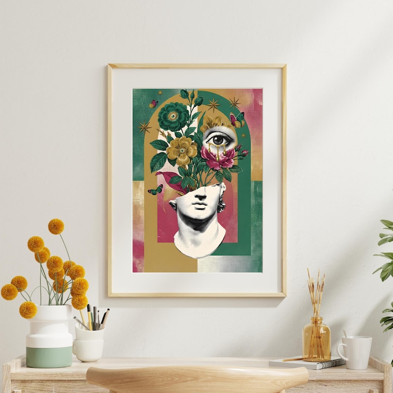 Surreal Greek Bust Floral Art Print, Eclectic Wall Decor (digital ...
