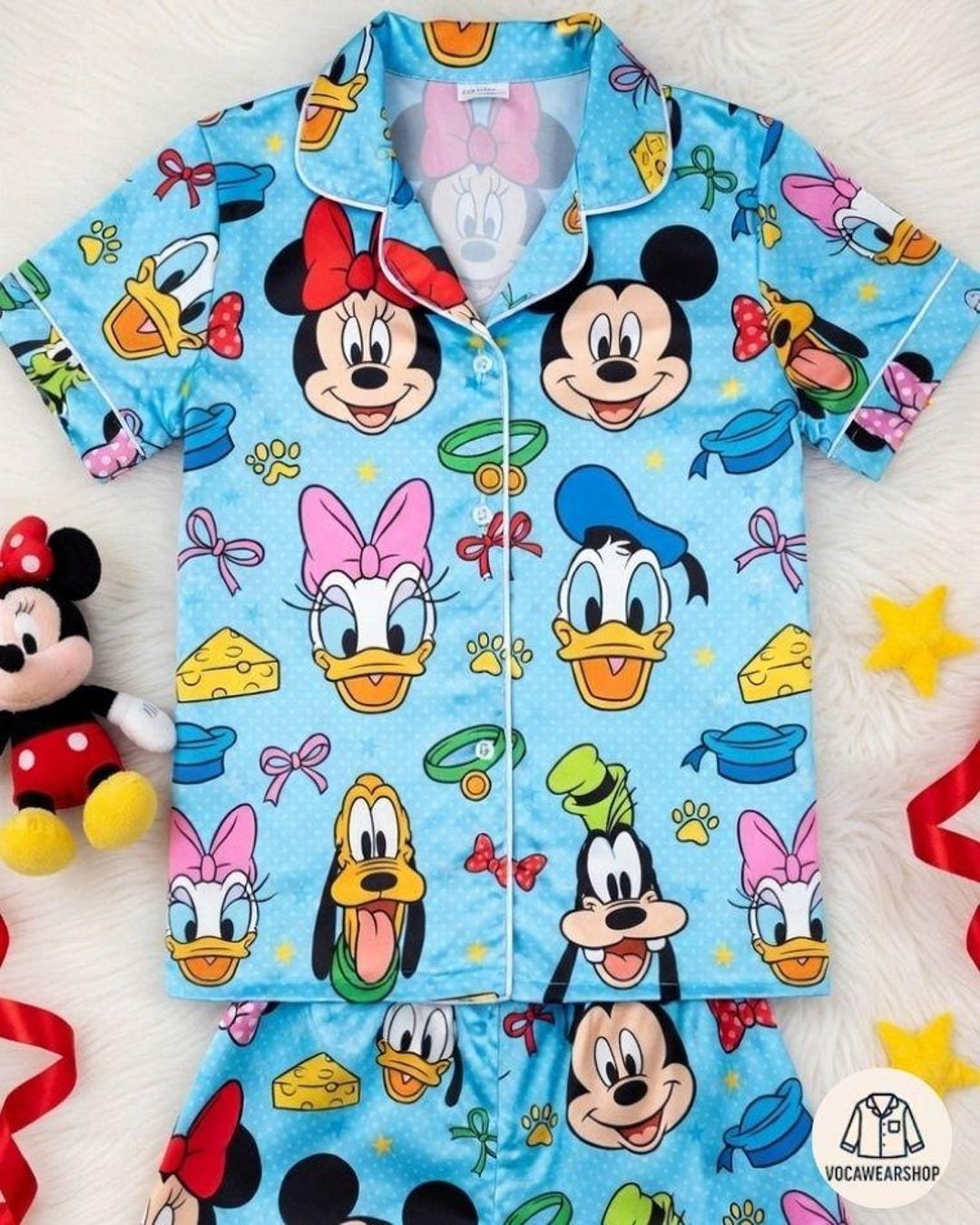 Mickey Mouse Pajamas Set Women Short Sleeve Satin Pjs Disney Gang Blue ...