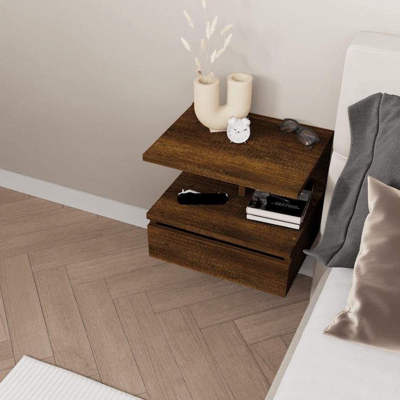 Dark Walnut Wall Mounted Nightstand | Floating Bedside Table With ...