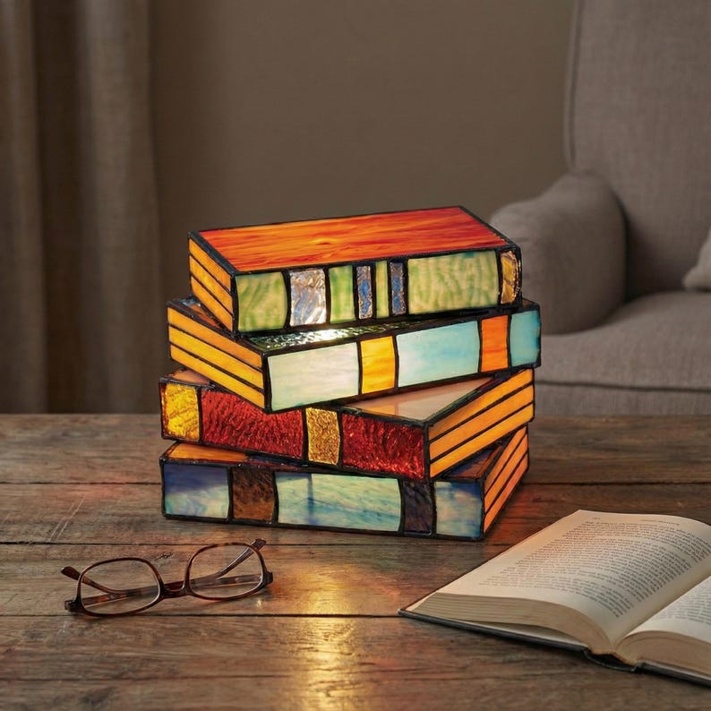 Handcrafted Stained Glass Stacked Books Lamp, Vintage Book Lover Decor ...