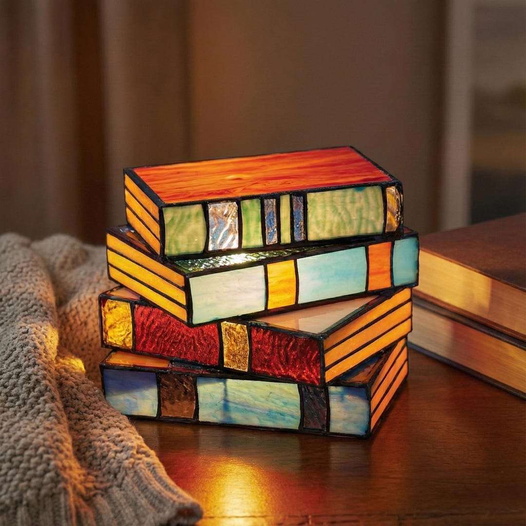 Handcrafted Stained Glass Stacked Books Lamp, Vintage Book Lover Decor ...