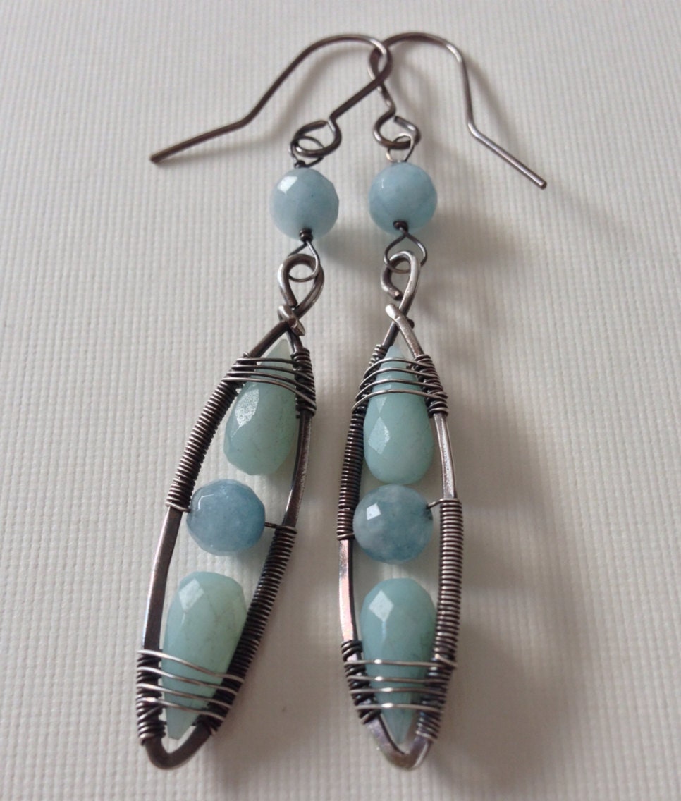 Silver Wire Wrapped Earrings With Amazonite and Aquamarine Beads Dangle ...