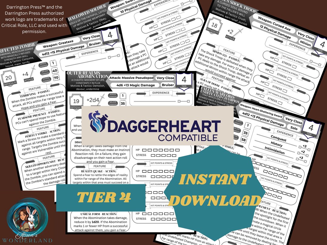 Daggerheart Compatible, Complete Tier 4 Adversary Cards, Enemy Stat ...