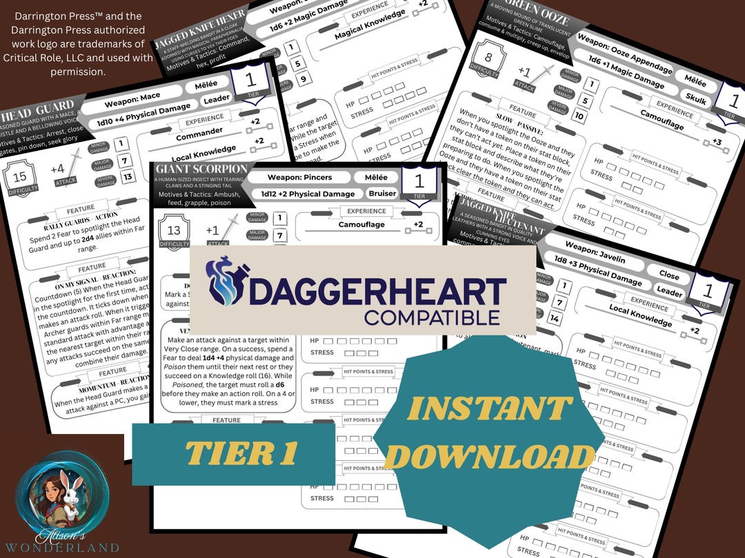 Daggerheart Compatible, Complete Tier 1 Adversary Stat Blocks, Enemy ...