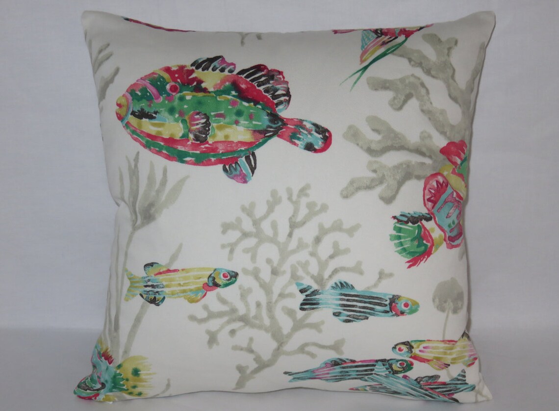 Tropical Fish Pillow Cover on White Cotton 17 Square | Etsy