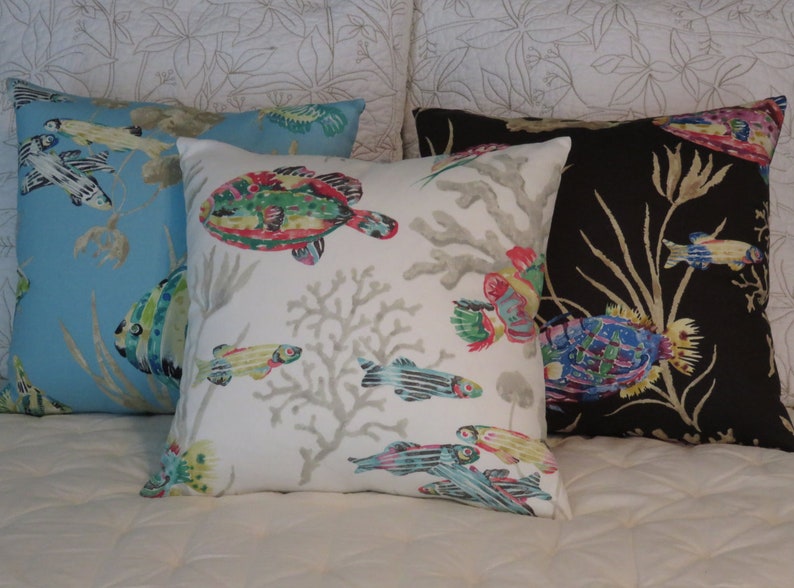 Tropical Fish Pillow Cover on White Cotton 17 Square | Etsy